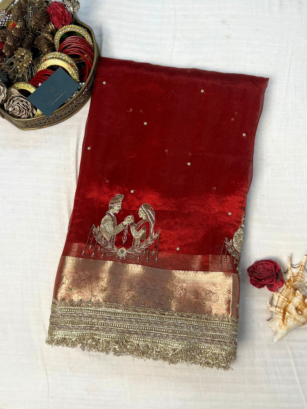 Tissue Silk Saree – Royal Red Banarasi Shaadi Saree – Mantavya